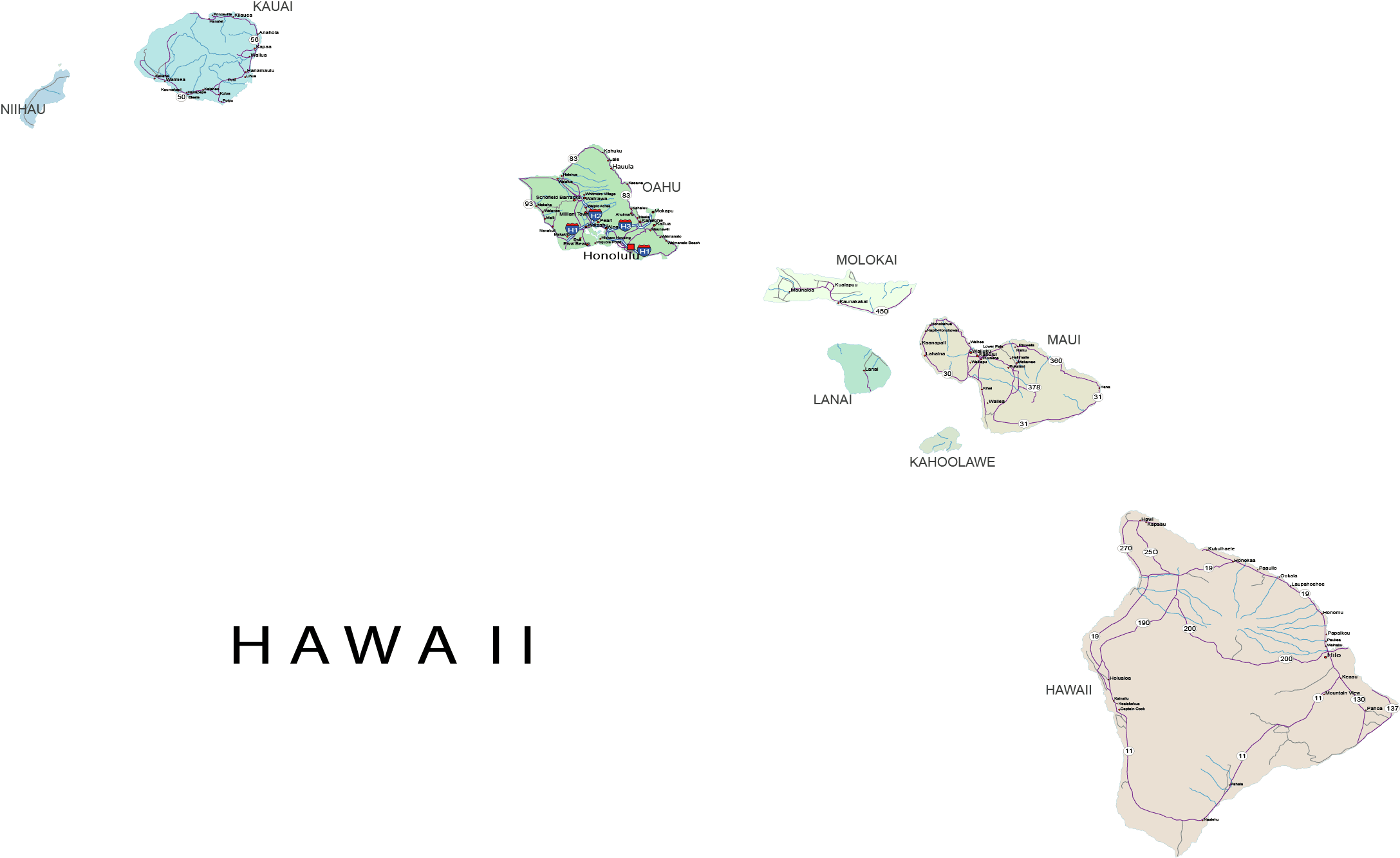 Hawaii Road and City Map - your-vector-maps.com