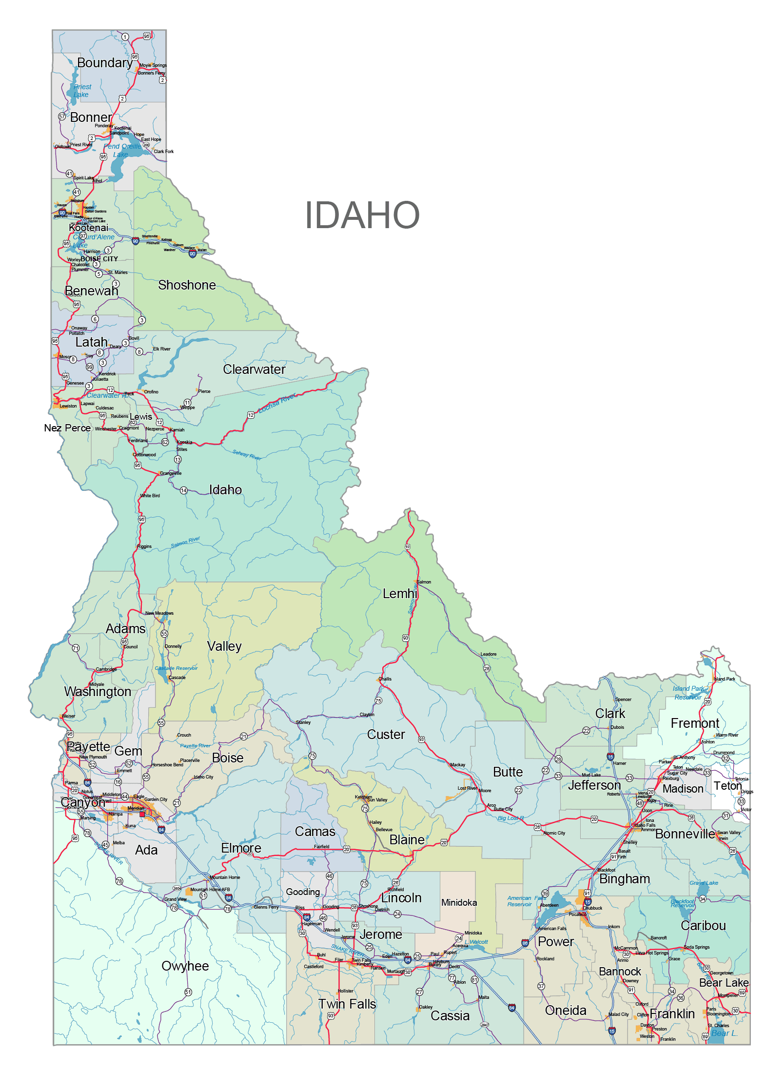 Idaho Road and City Map - your-vector-maps.com