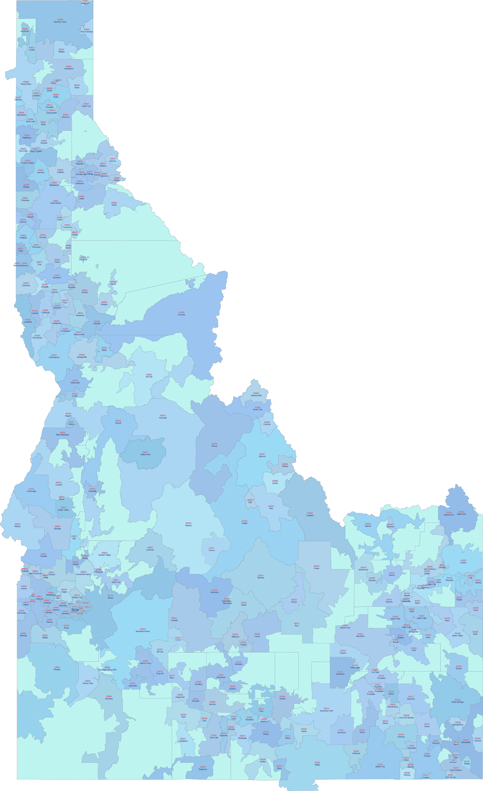 Idaho ZIP Code Map With Cities - your-vector-maps.com