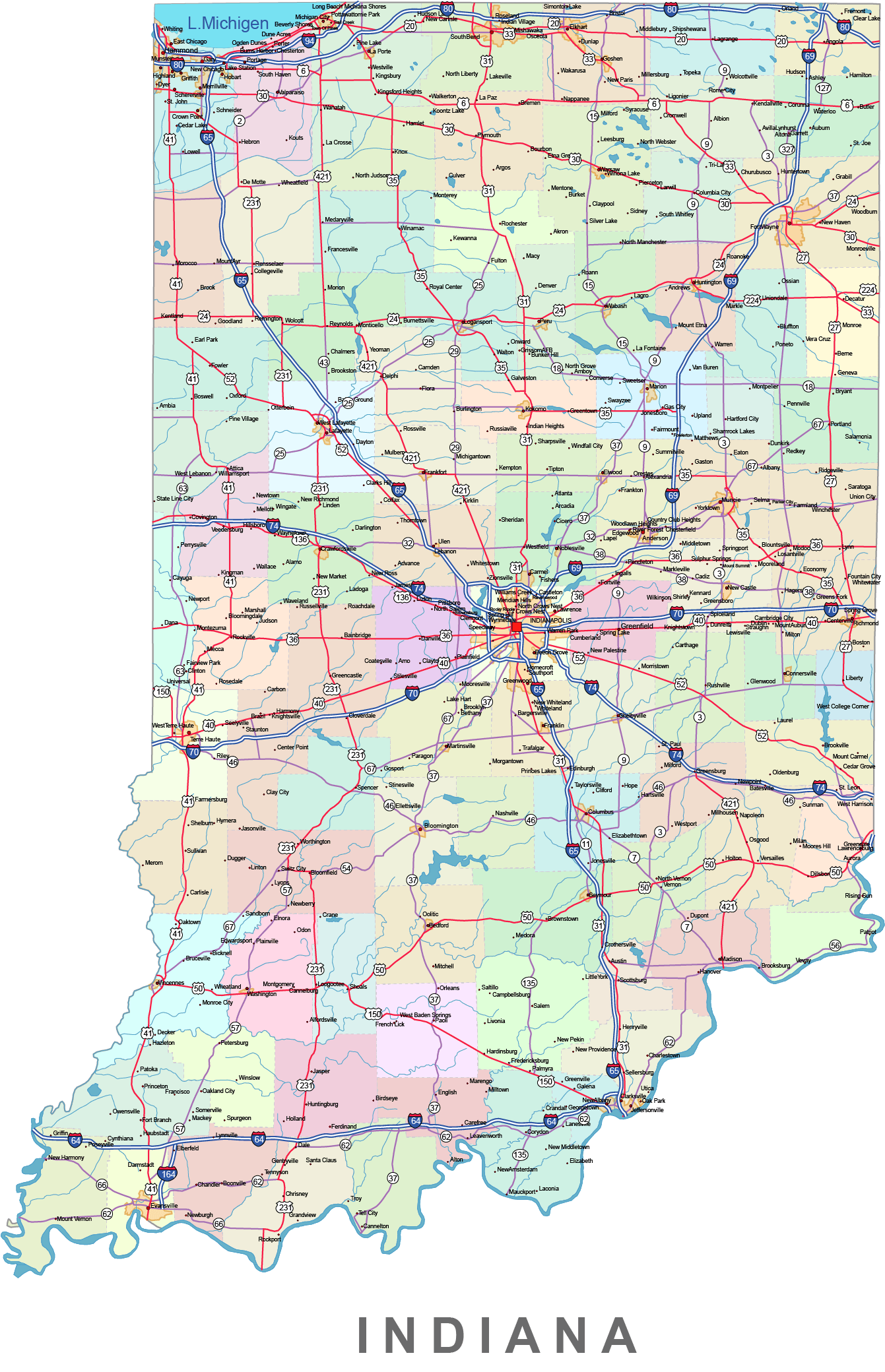 Indiana Road and City Map - your-vector-maps.com