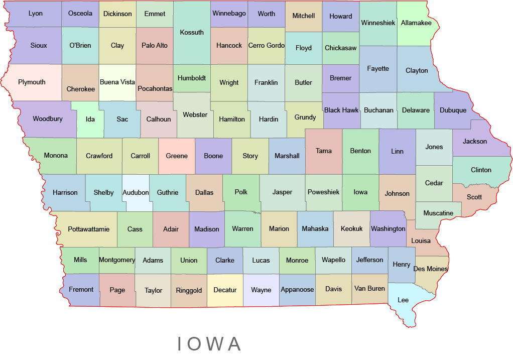 Iowa Colored County Map - your-vector-maps.com