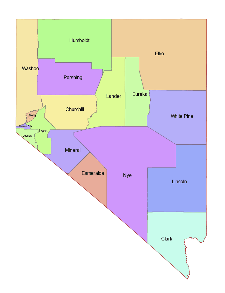 Nevada Colored County Map - your-vector-maps.com
