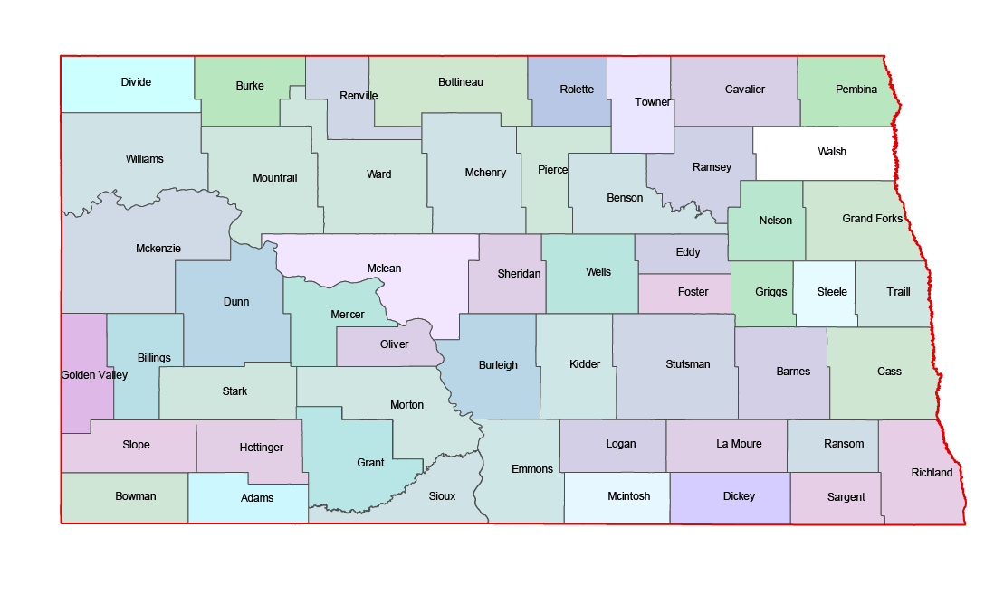 North Dakota Colored County Map - your-vector-maps.com