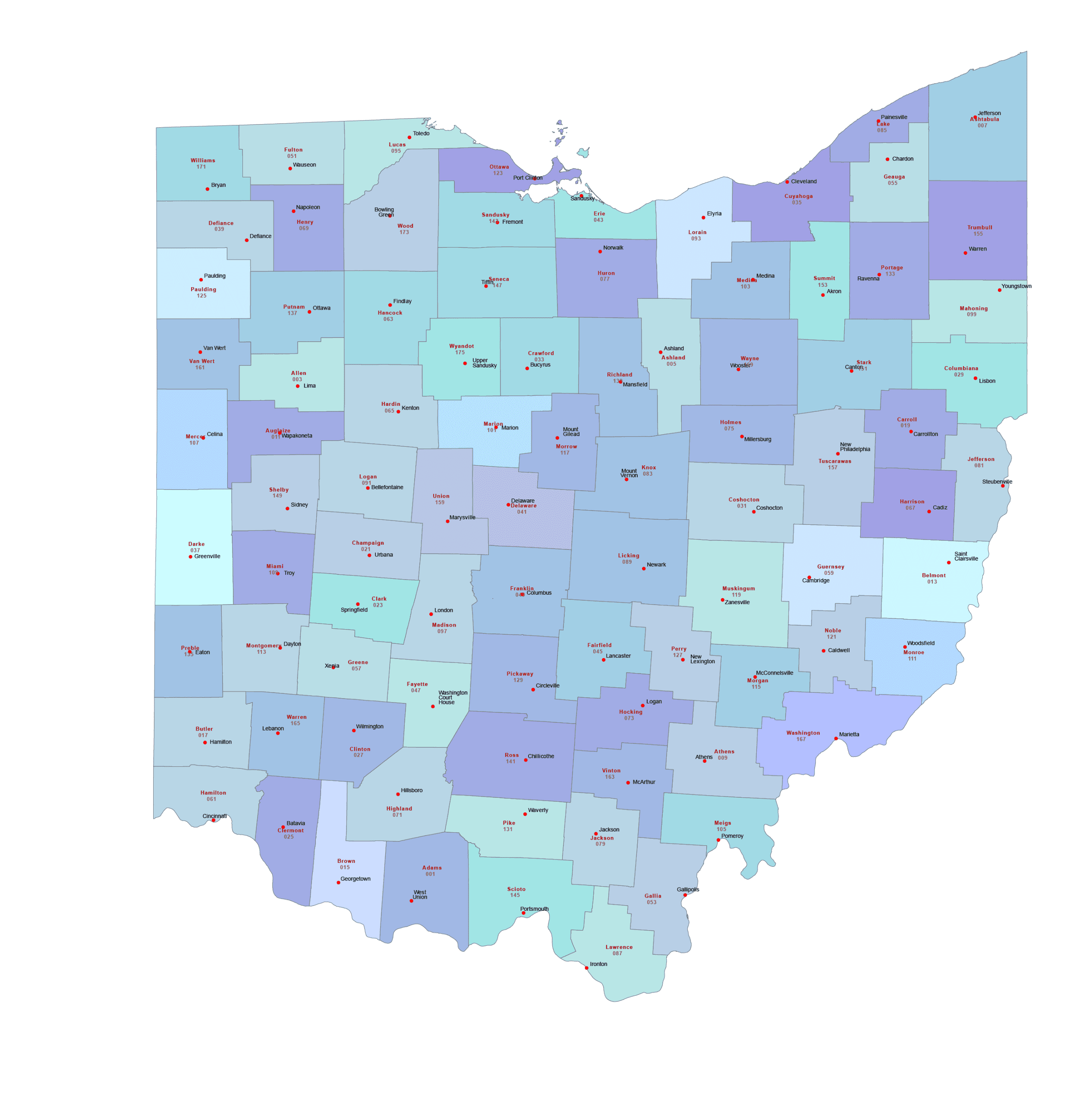 Ohio County Seat And FIPS Map - your-vector-maps.com