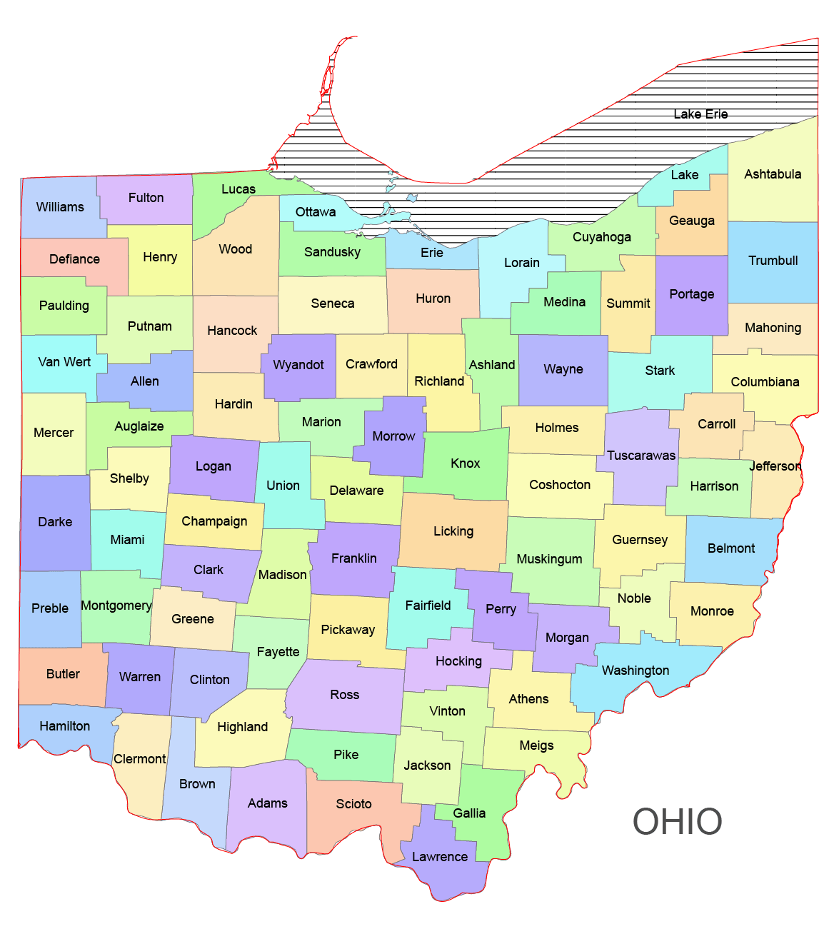 Ohio Colored County Map - your-vector-maps.com