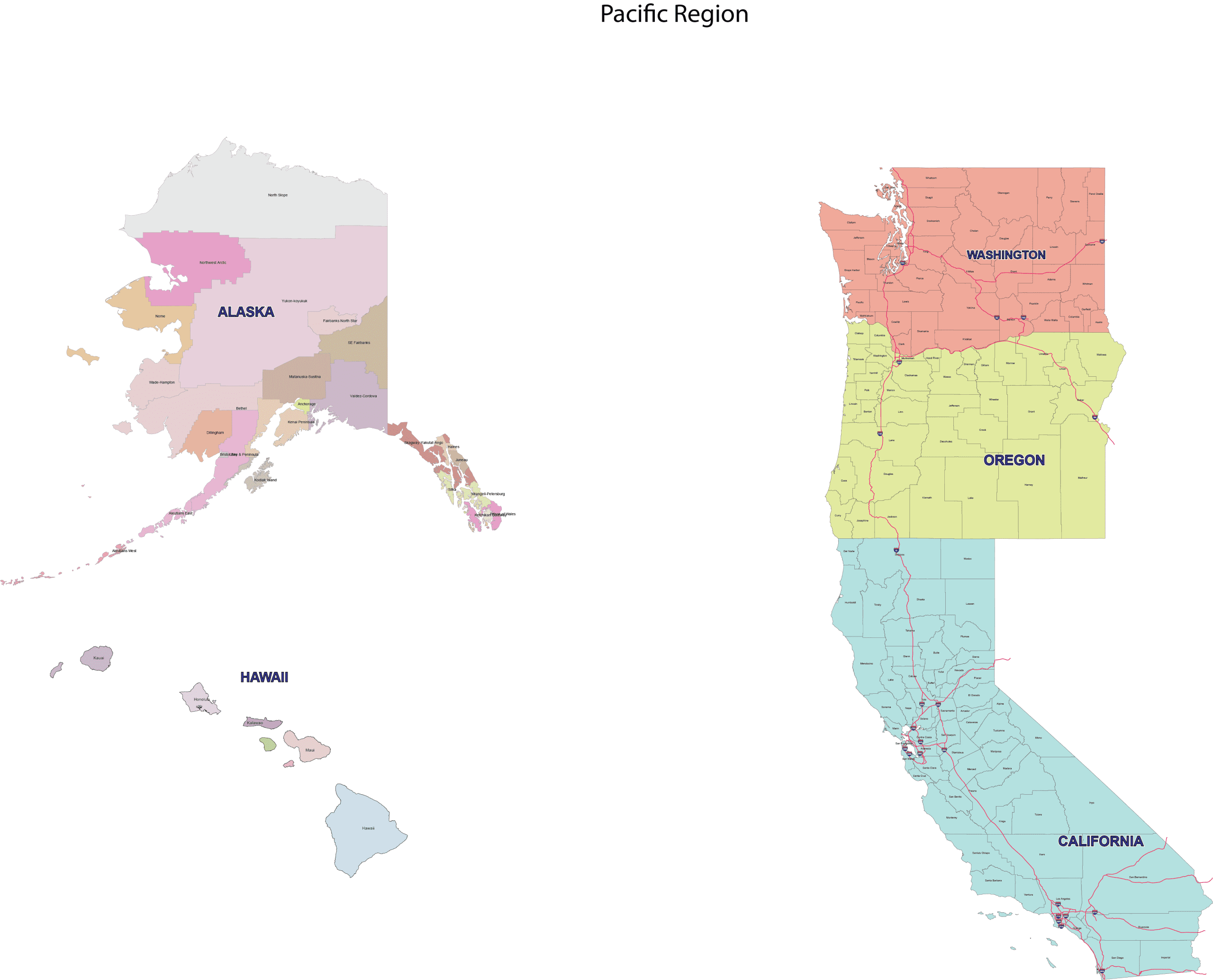 Precision Pacific Region County Map - your-vector-maps.com